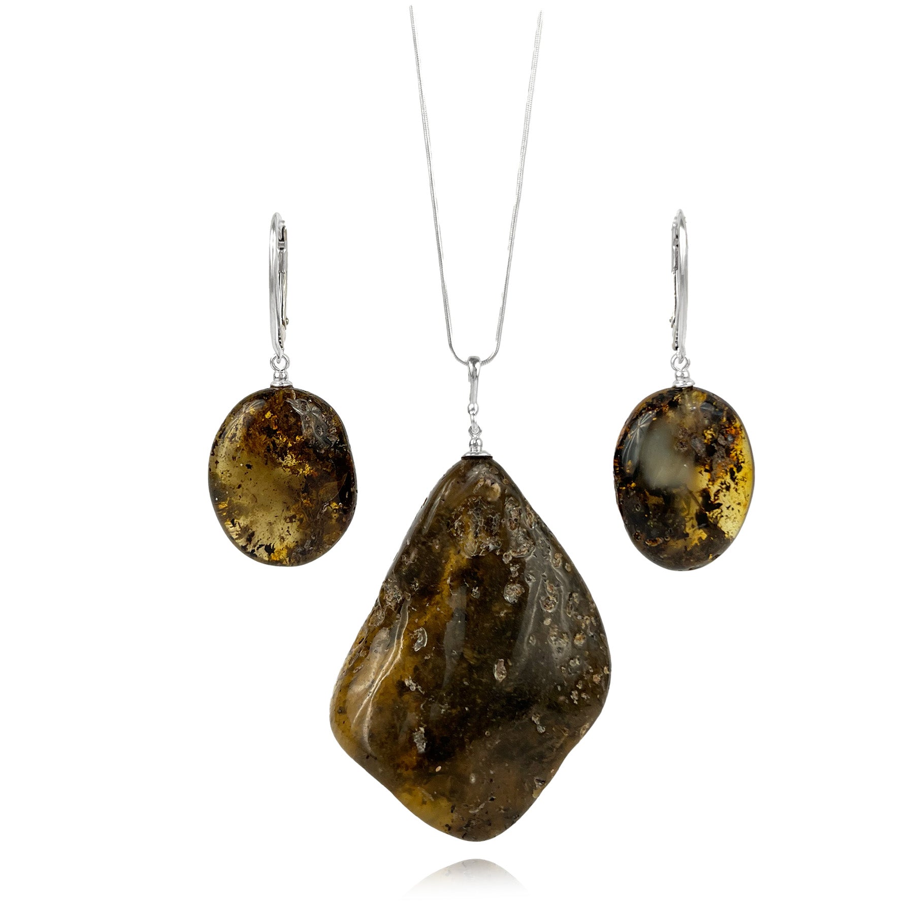 Žalsvo gintaro rinkinys, sidabras 925 "Chaki"